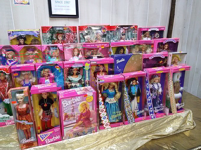 Barbie dolls frozen in time, still in their original packaging—a nostalgic treasure trove that makes grown women whisper, "I had that one!"