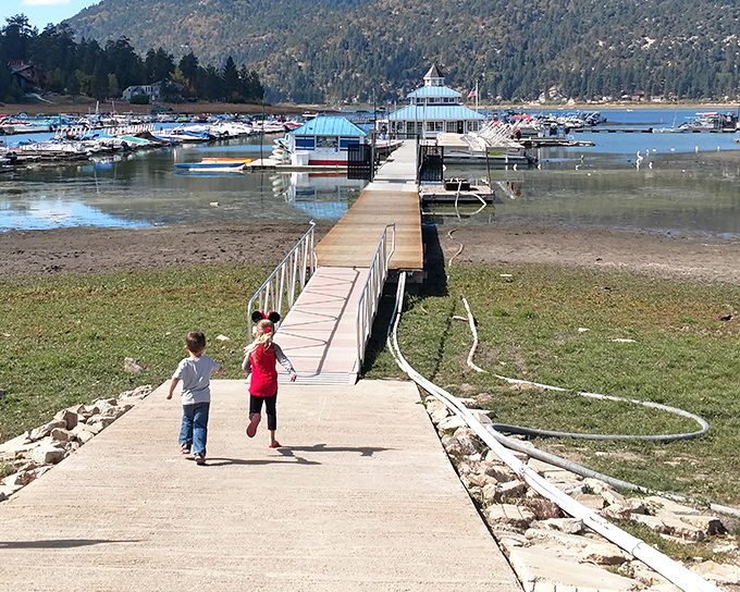Children race toward adventure along the marina boardwalk, chasing the kind of summer memories that last long after sunburns fade.