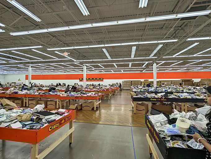 The battlefield of bargains stretches to the horizon. Red bins stand like soldiers, holding their positions until reinforced by tomorrow's fresh inventory.
