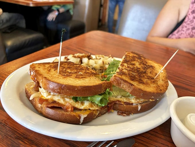 This breakfast sandwich doesn't just satisfy hunger—it abolishes it. Perfectly grilled bread holding the morning's finest ingredients.