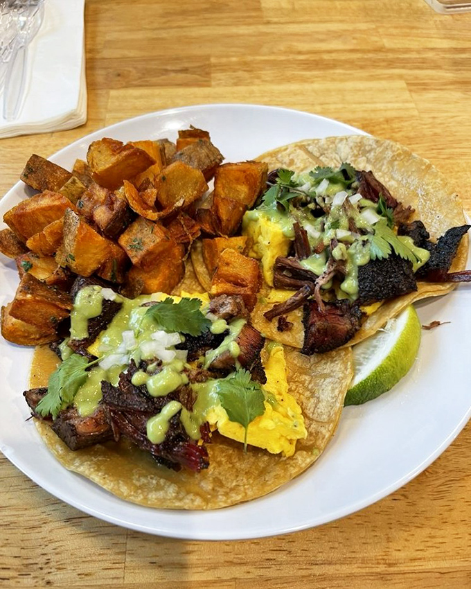Breakfast tacos that make you question why we don't put brisket in everything. Morning glory with smoky attitude.
