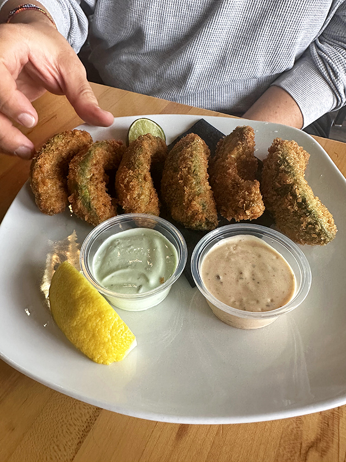 California avocado fries – where healthy fat meets unhealthy cooking method in a relationship that somehow works beautifully.