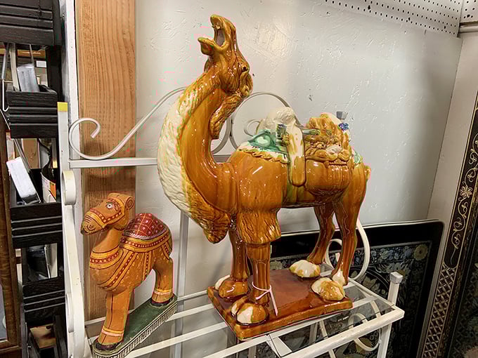 These ceramic camels aren't just decorative—they're a quirky reminder of mid-century America's fascination with exotic motifs and colorful glazes.