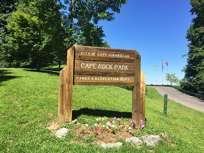 Cape Rock Park's wooden sign stands as a humble gatekeeper to spectacular Mississippi River views that have captivated visitors since Lewis and Clark's day.