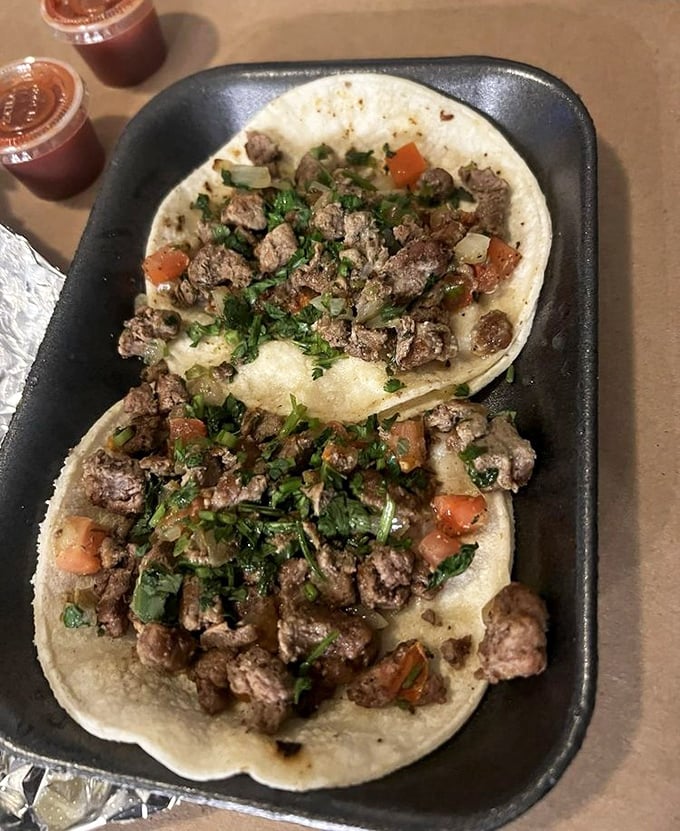 Carne asada tacos topped with fresh cilantro and onions – simplicity elevated to pure art form. 