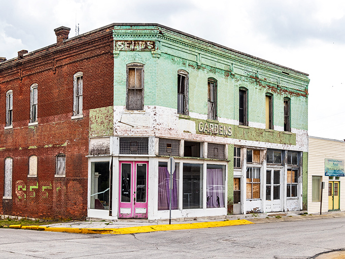 The faded "SEEDS" and "GARDENS" signs on the old Carthage Seed Store whisper of agricultural heritage. Those mint green and brick facades have weathered countless seasons.