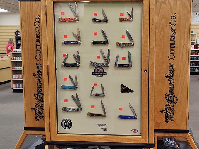 Case pocket knives displayed like the functional art they are. Your grandfather would approve of this marriage of craftsmanship and practicality.