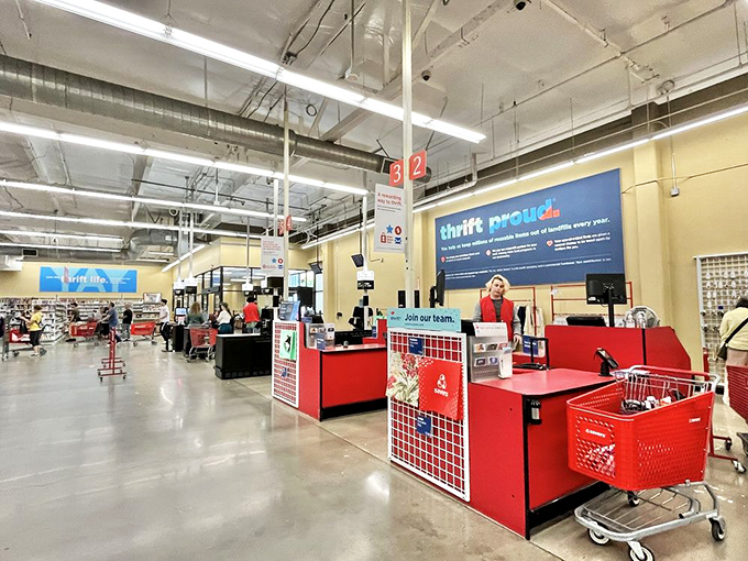 Where treasure hunters complete their quests. The checkout area bustles with activity as shoppers prepare to reveal their victories to friends and family.