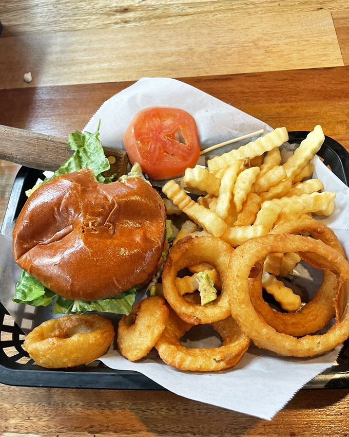A burger with attitude, fries with purpose, and onion rings with ambition—this plate has more personality than most people I know.