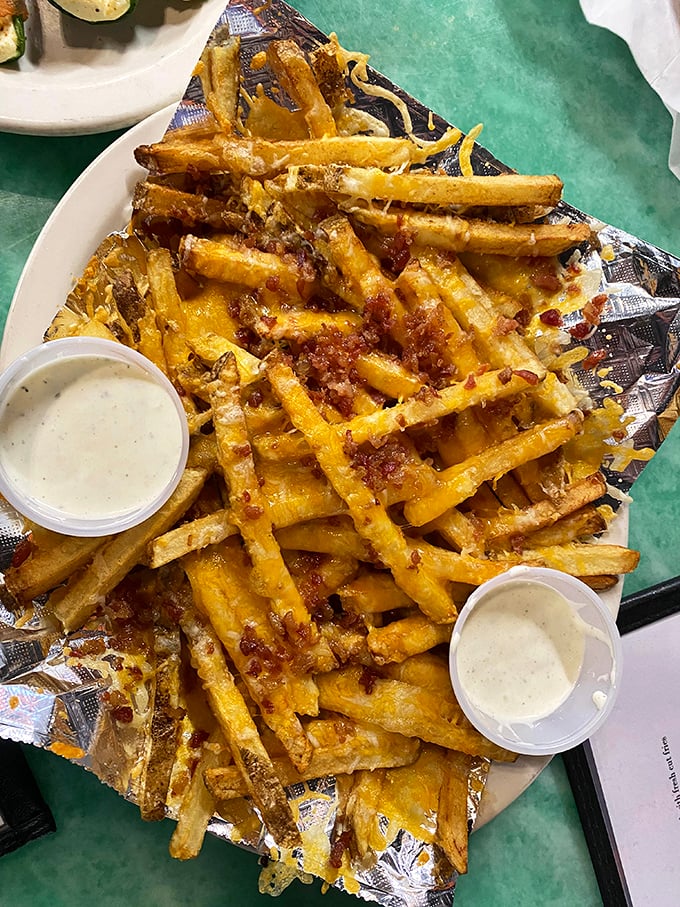 These loaded fries aren't just a side dish—they're a main event. Cheese, bacon, and those two dipping sauces are staging a flavor intervention.