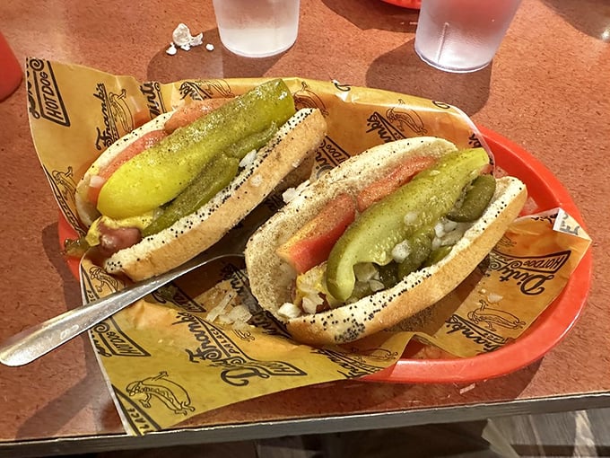 Chicago dogs with their trademark pickle spears standing at attention—a Midwestern handshake in hot dog form.