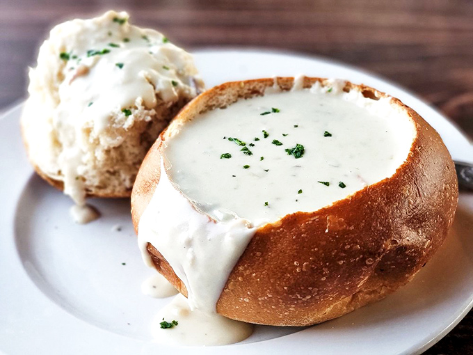 Clam chowder served in a sourdough bread bowl—the ultimate edible dishware and proof that Californians really do know how to solve problems.