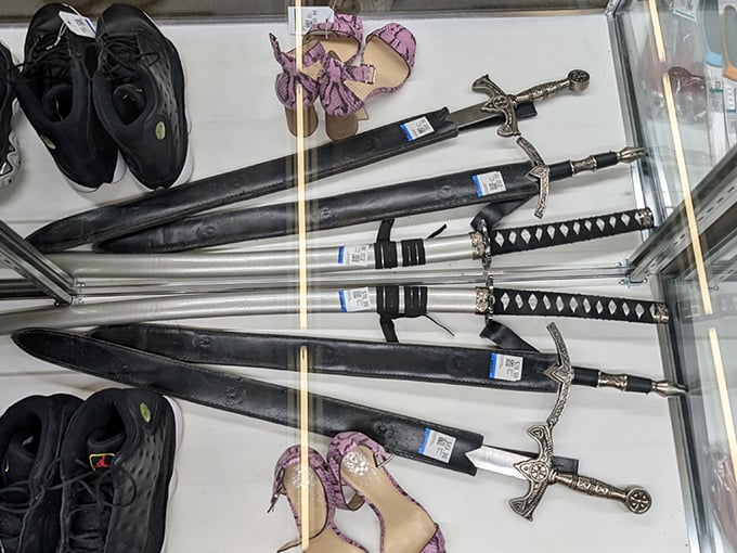 Not your average kitchenware aisle – where samurai swords and high heels create the most unexpected retail neighbors.
