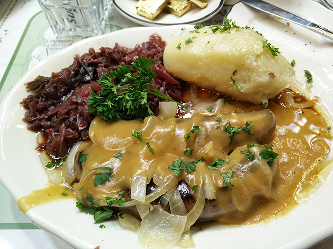 Traditional red cabbage alongside a perfectly tender pork cutlet smothered in gravy—European comfort food that makes you wonder why you don't eat this way more often.
