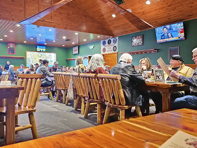 The dining room buzzes with conversation and clinking glasses—proof that good food brings strangers together better than any social media app.