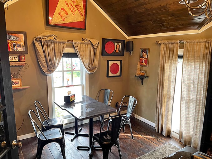 This intimate corner table offers the perfect spot to contemplate life's big questions, like "How soon is too soon to order seconds?"
