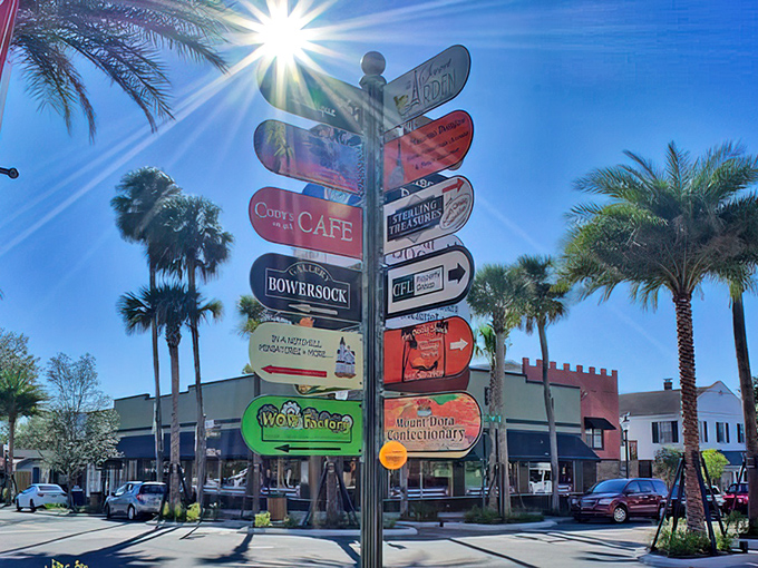 Another angle of those famous directional signs—Mount Dora's version of GPS, just more charming and with zero chance of recalculating.