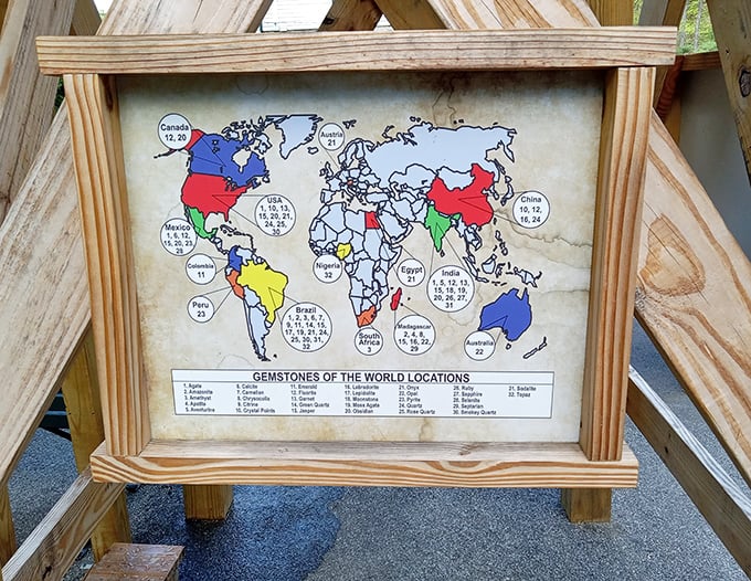 Educational displays map the world's gemstone locations – a geology lesson disguised as colorful eye candy entertainment.