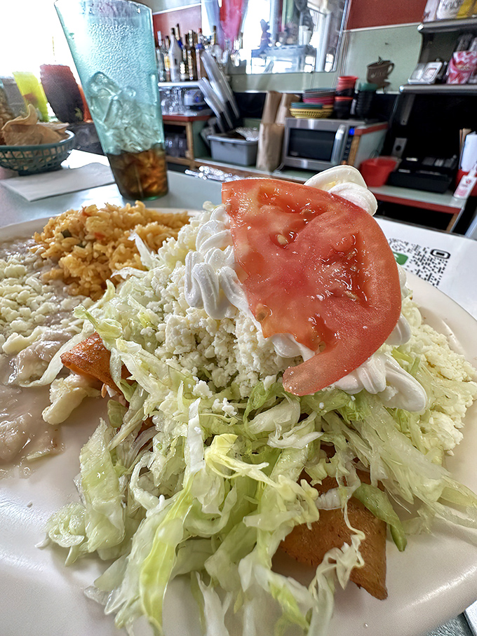 This isn't just a plate of food—it's a mountain of freshness. The lettuce avalanche and tomato summit make for a glorious climb.