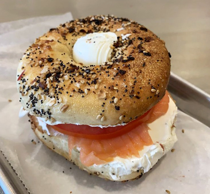 The everything bagel with salmon—proof that breakfast can be both art form and perfect hand-held delivery system for cream cheese.
