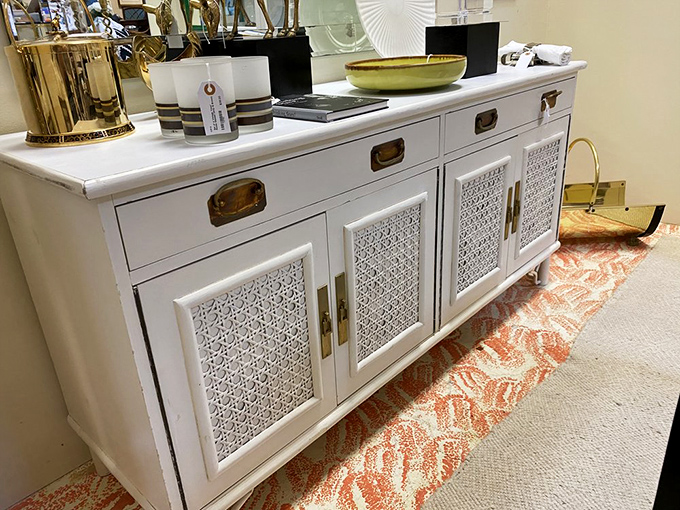 White rattan server with wicker detailing – the official furniture of "I'm sophisticated but also live near the beach" homeowners everywhere.