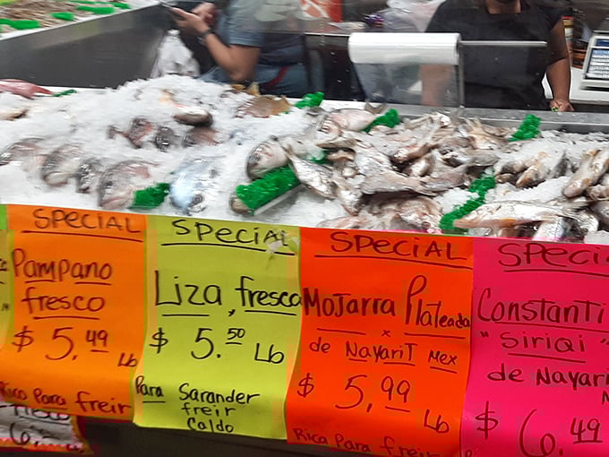 Fresh catch with handwritten flair! These neon signs aren't just price tags—they're culinary suggestions delivered with market-stall enthusiasm.