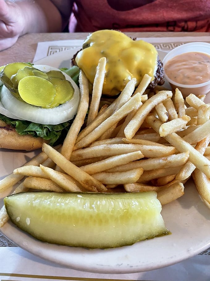 A burger that doesn't need a fancy name or artisanal designation—just honest beef, melty cheese, and fries that actually taste like potatoes.