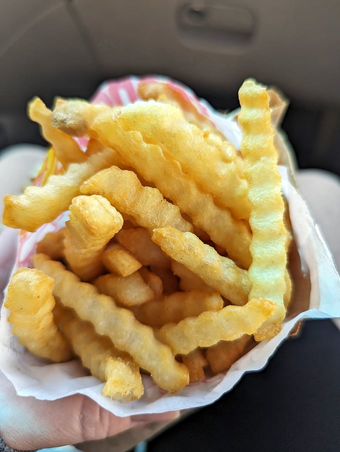 Crinkle-cut fries that somehow manage to stay crispy until the last one disappears. The appropriate serving size? However many they'll give you.