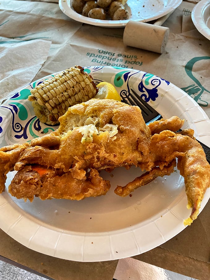 Fried soft shell crab – the entire creature transformed into golden, crispy perfection. That corn on the cob is just along for the delicious ride.