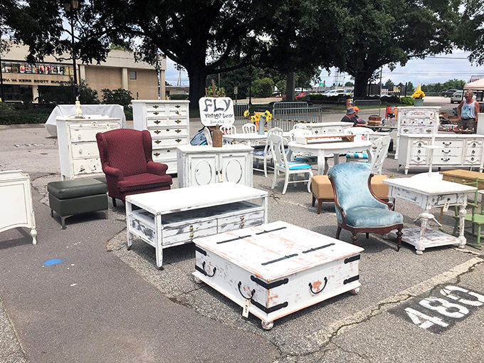 Shabby chic furniture that's seen more reinvention than Madonna. That distressed white trunk isn't just storage—it's your next coffee table/conversation piece.