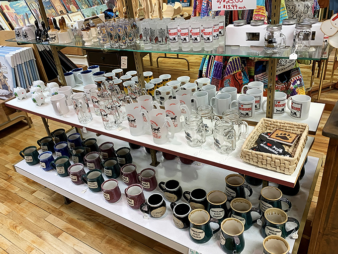 Mugs, glasses, and jars line the shelves—because you'll need something to drink with all that pie you're bringing home.