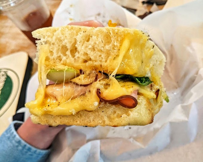 This sandwich cross-section reveals layers of flavor conspiracies—cheese, ham, and greens plotting deliciously against your diet plans.