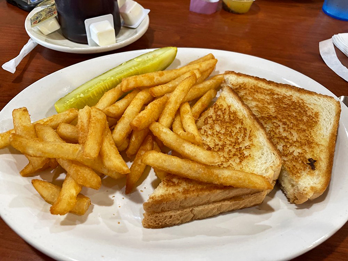 The humble grilled cheese and fries—proof that sometimes the simplest pleasures are the most profound, especially when executed with golden-brown precision.