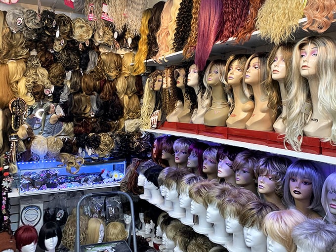 Wig wonderland! Instant personality changes await. Try blonde on Tuesday, purple on Wednesday – commitment issues welcome here.