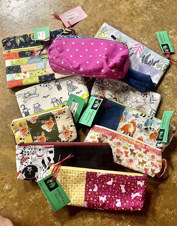 Handcrafted pouches in patterns that spark joy—Marie Kondo would approve of these organizational tools that double as portable art.