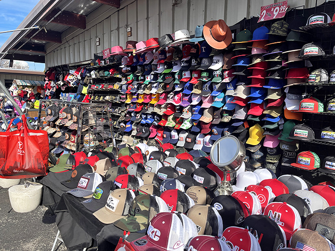 Hat heaven stretches as far as the eye can see—because in Texas, protecting your head from the sun is both fashion and survival.
