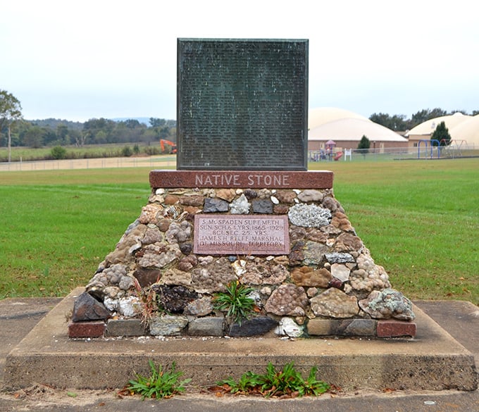 History stands solidly in stone – this marker reminds us that every small town was once someone's big dream.
