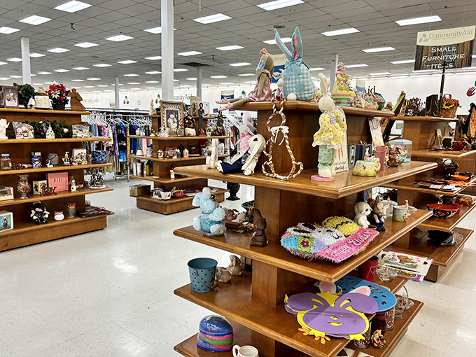 Whimsical figurines and seasonal decorations create a curated chaos of charm—from Easter bunnies to decorative plates, each seeking a new mantel to grace.