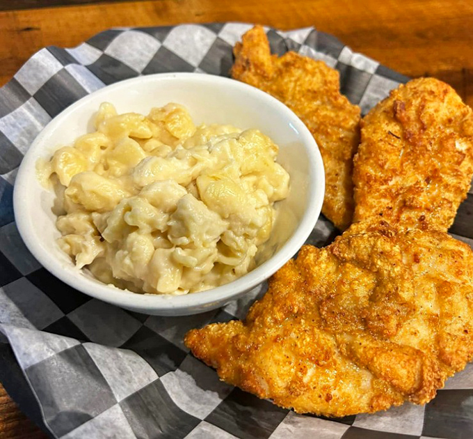 Mac and cheese that doesn't apologize for being exactly what it is—pure, creamy comfort. Those honey tenders are the perfect dance partners.