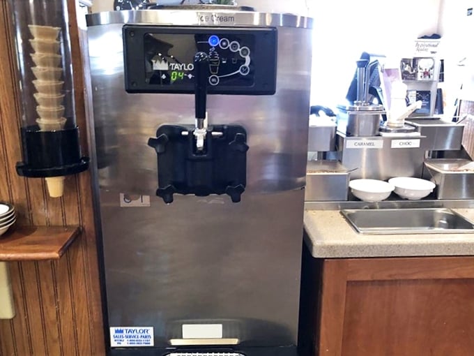 The ice cream machine stands ready for action – a modern touch in this temple of traditional Amish cooking.