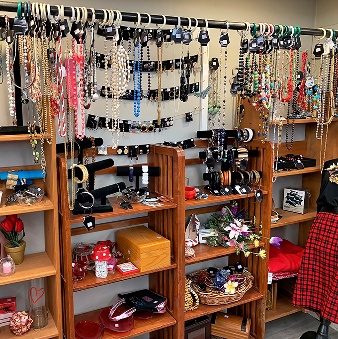 Jewelry that tells stories hanging in neat rows—each necklace a conversation piece waiting for its next chapter.