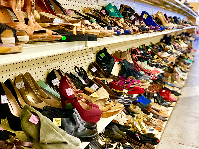 The footwear rainbow—where practical flats neighbor with party heels in a democratic display of shoe possibilities.