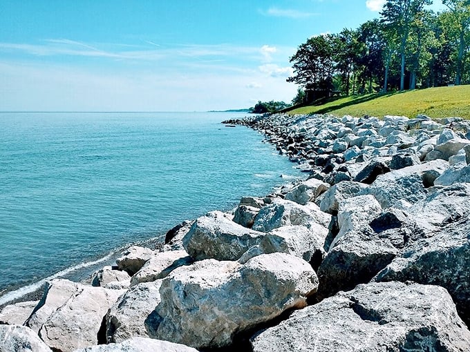 Lake Erie's rocky shoreline creates nature's perfect meditation spot—where watching waves becomes more entertaining than anything on your streaming services.