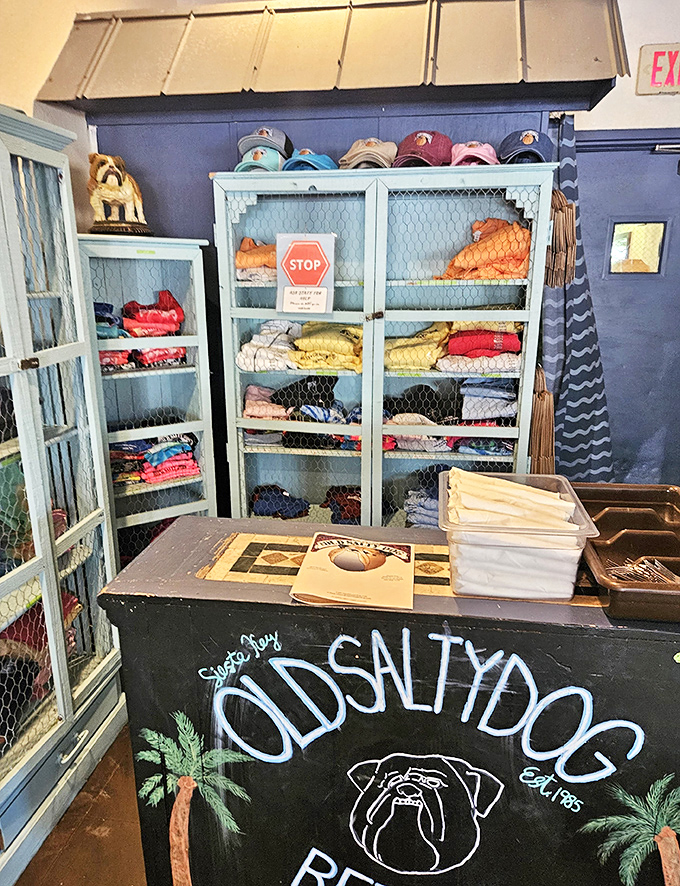 The merchandise corner proudly displays "Old Salty Dog" gear—because the best souvenirs are the ones that make friends back home jealous of your food discoveries.