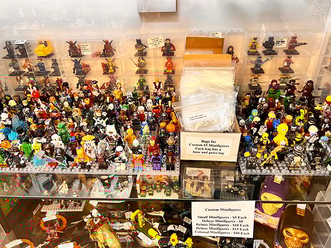 Miniature figures with maximum collecting appeal—tiny plastic ambassadors from pop culture universes, arranged with military precision.