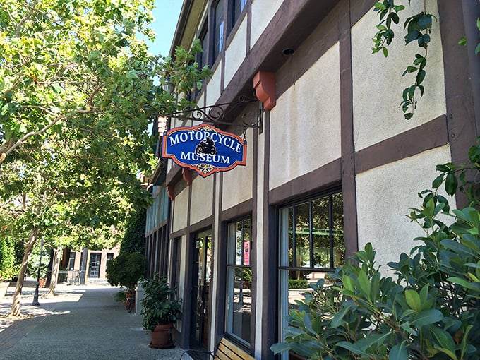 The Motorcycle Museum tucked into a half-timbered building perfectly captures Solvang's unexpected charm—Danish architecture housing American road legends.