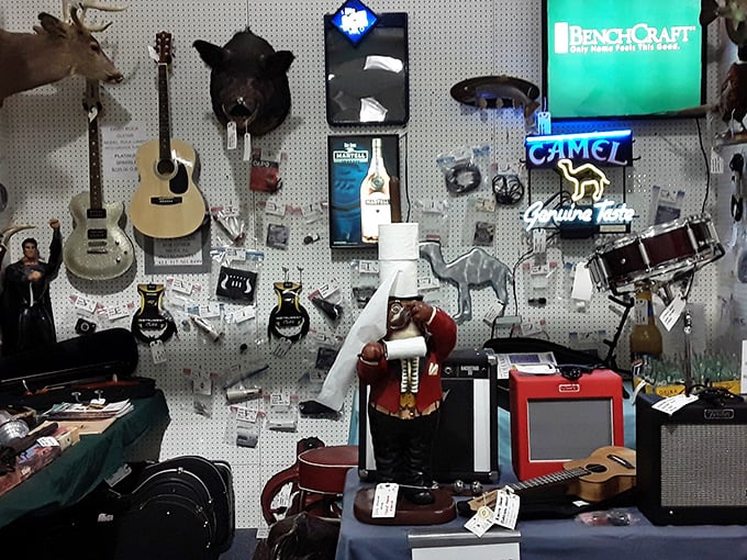 From guitars to neon signs, this booth hits all the right notes. The perfect spot for musicians with collecting habits and limited wall space.