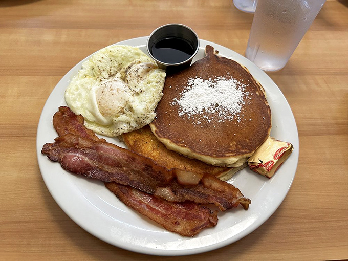 The "Noah's Ark" breakfast brings two of everything delicious—like the biblical boat, but with pancakes and bacon instead of animals.
