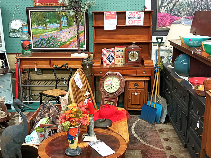 Honey, stop the car! This booth's vintage secretary desk and wall clock combo is the home office setup your grandfather would approve.