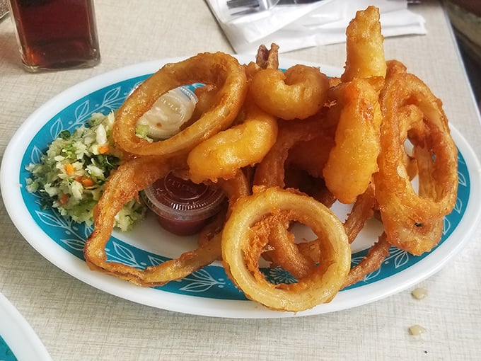 These aren't just any onion rings—they're crispy golden life preservers in a sea of ordinary fried food, with coleslaw island nearby for balance.